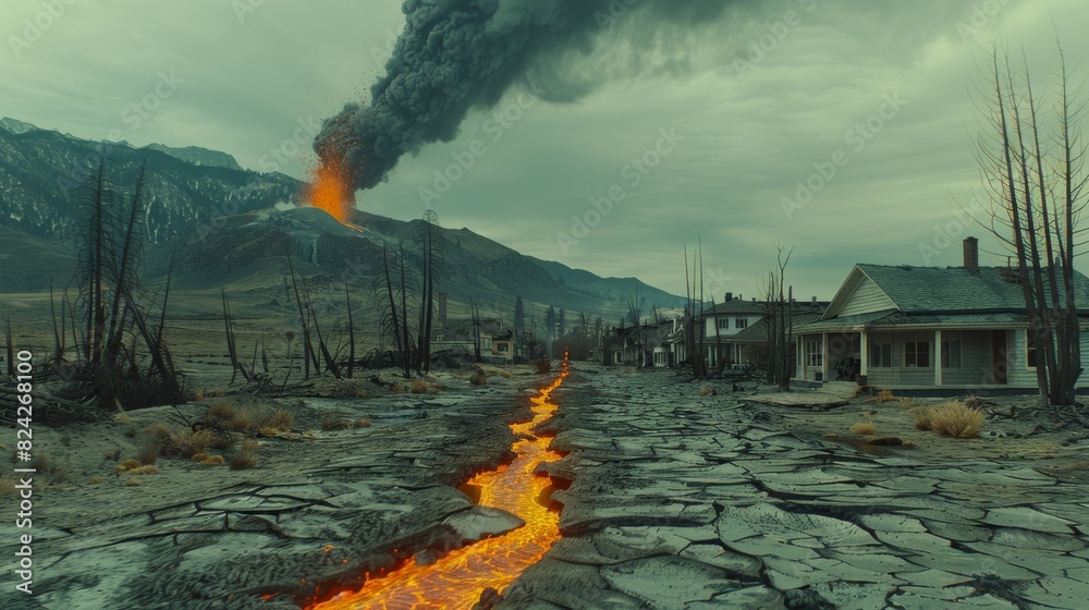 Destruction of a small town as an active volcanic eruption and its lava ...