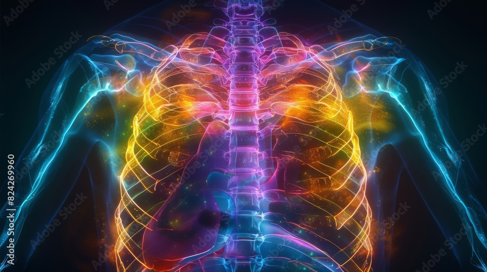 The image shows a colorful human rib cage with a glowing effect. Stock ...