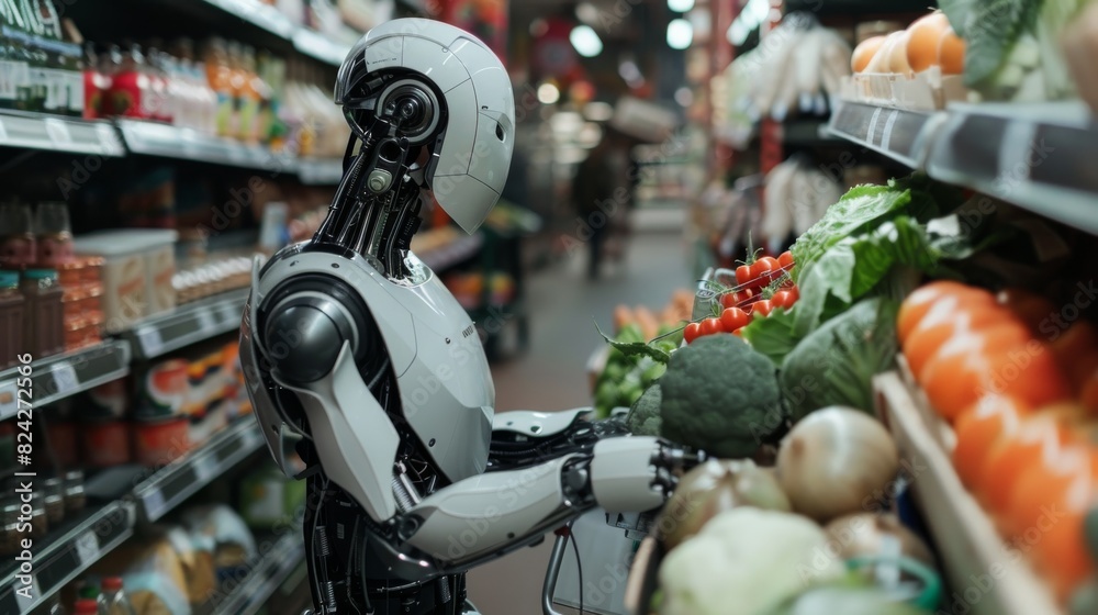 Humanoid robot shopping for vegetables at a grocery store, selecting ...