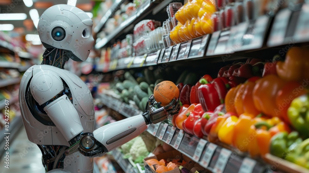 Humanoid robot shopping for vegetables at a grocery store, selecting ...