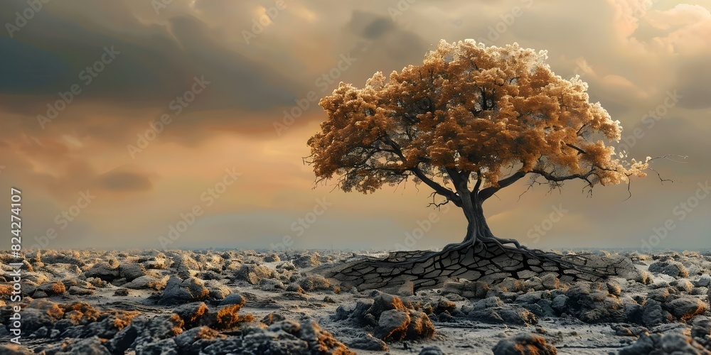 Tree cracking ground due to climate change symbolizing environmental ...