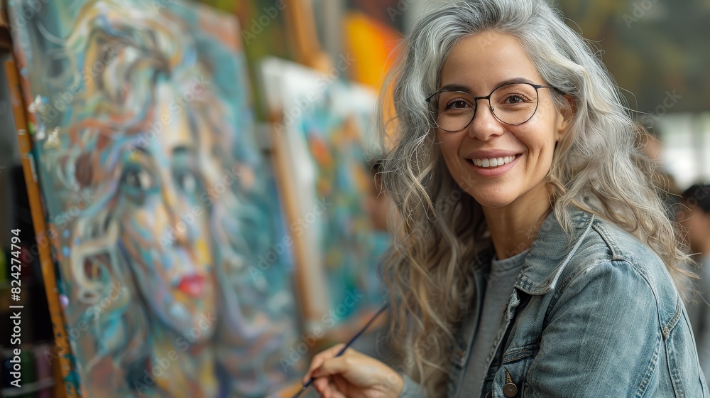Smiling female artist with grey hair paints in her studio, surrounded ...