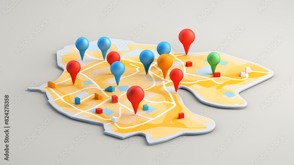 Rendered map with colorful location pins. The map is abstract with ...
