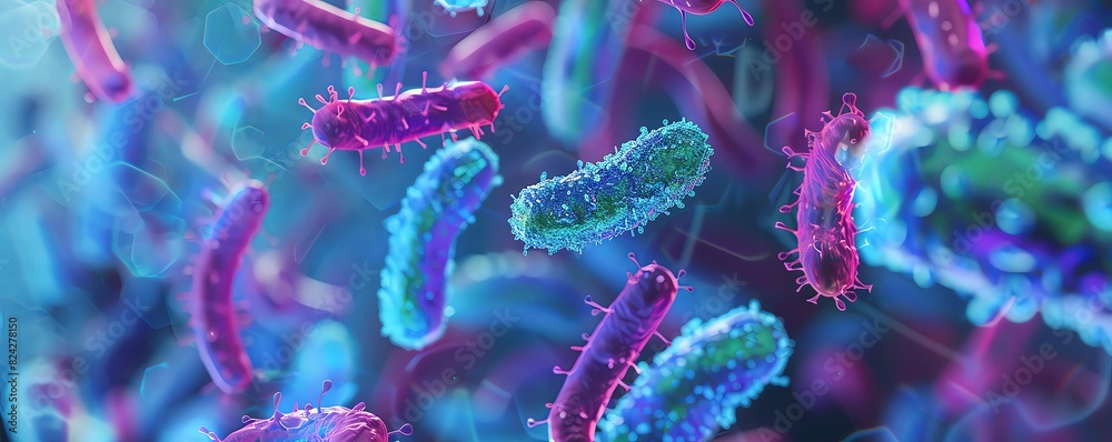 3D render of colorful bacteria in the human body, microbes under a ...