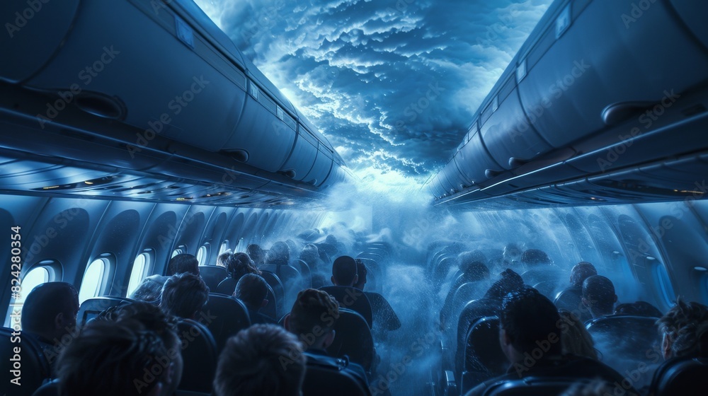 ภาพประกอบสต็อก Turbulent Flight - Interior View of Airplane Cabin with ...