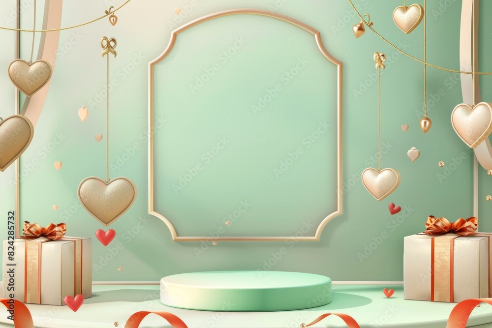 Icon love and gift box. Aesthetic sage green background equipped with a ...