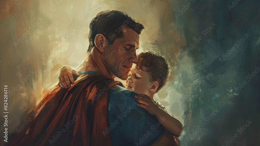 illustration of a portrait of a father holding his child to present a ...