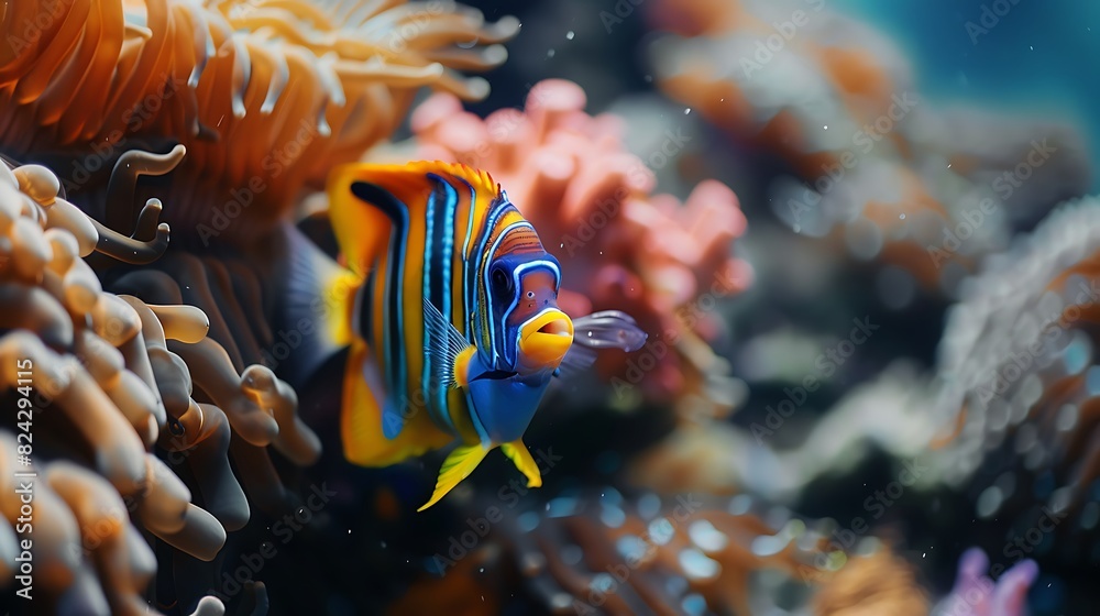 A jovial angelfish with a funny face swims among colorful coral reefs ...
