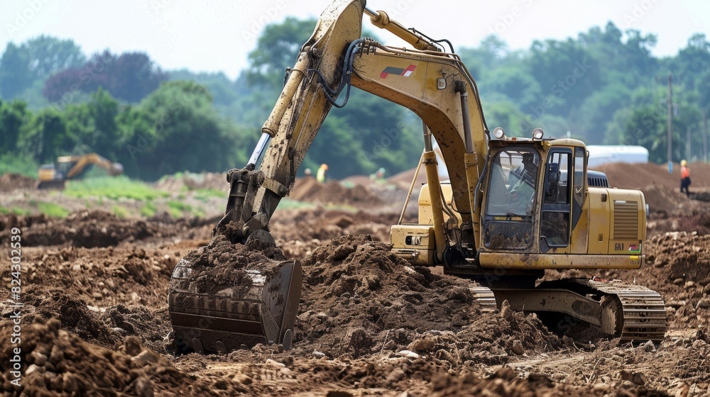 The excavators powerful arm digging through layers of soil as workers ...