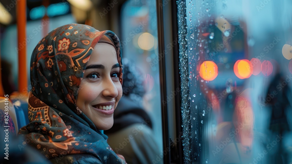 Smiling adult Muslim woman wearing hijab standing inside public bus ...