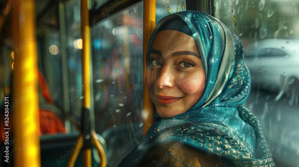 Smiling adult Muslim woman wearing hijab standing inside public bus ...