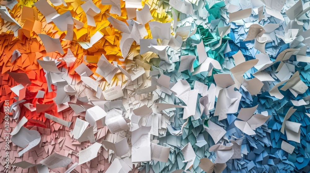 A mural of paper outs each one representing a different statistic on ...