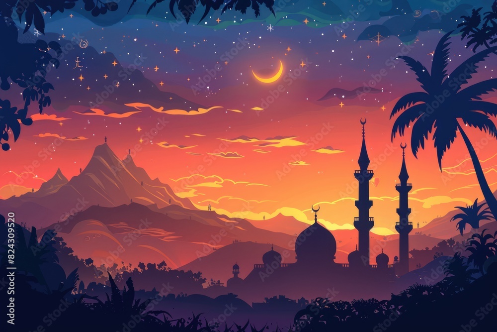 Mosque silhouette at night with mountains and crescent moon at the background. Islamic theme ...