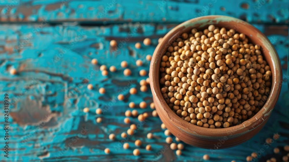 Pea seeds immersed in water in a clay container against a blue wooden ...