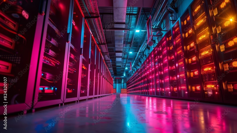 Show a hightech mining rig setup in a warehouse, with rows of computers ...