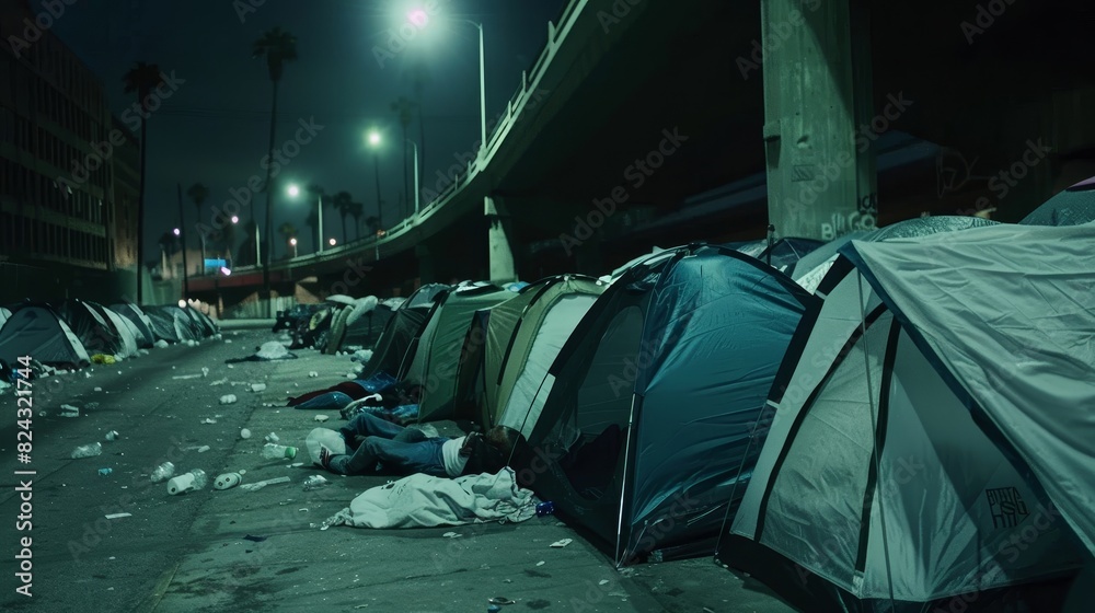 Homeless encampment with tents lining the roadside, people sleeping ...