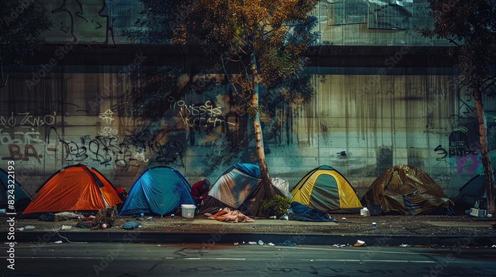 Group of tents with homeless people sleeping inside, on the side of a ...