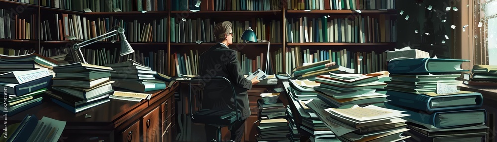 Scholar working at desk in cluttered library filled with books, with ...