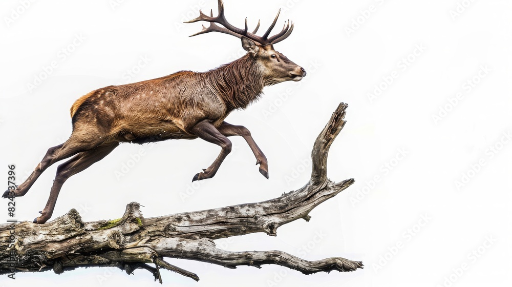 A majestic stag leaps over a fallen tree, muscles tensed in mid-air ...