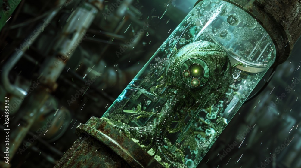 Detailed close-up of an alien creature in a glass water tube, rooted ...