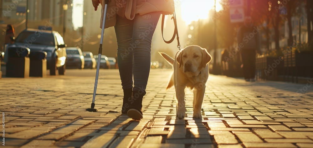 Blind individual walking with guide dog, using white cane, safety and ...