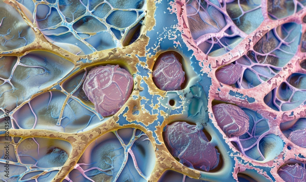 Cross-sectional view of lung tissue showing alveoli and bronchioles ...