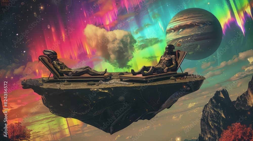 Two aliens reclining on sun loungers on a floating island, with ...