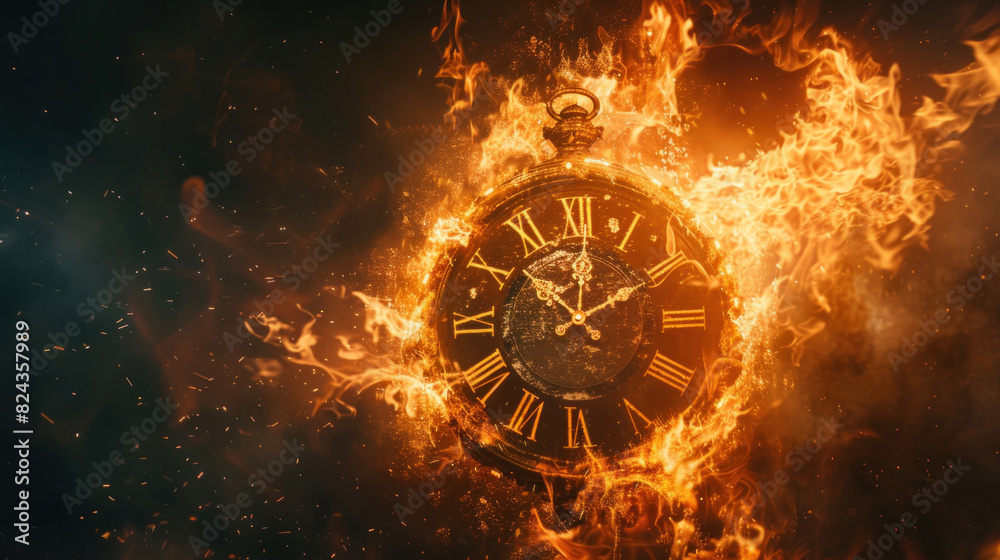 A fiery clock with its face consumed by flames, capturing the dramatic ...