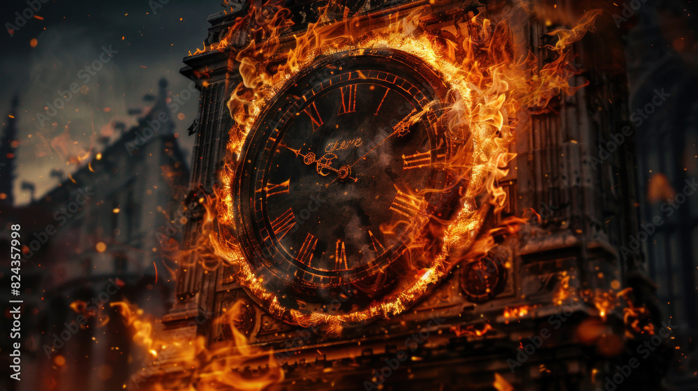 A fiery clock with its face consumed by flames, capturing the dramatic ...