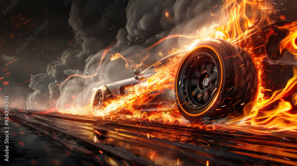 High-speed tire burn with fiery flames and billowing smoke, showcasing ...