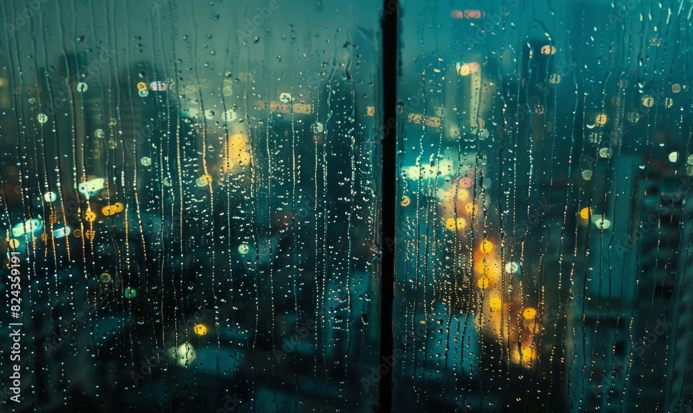 Rain pouring down on a window with city lights in the background Stock ...