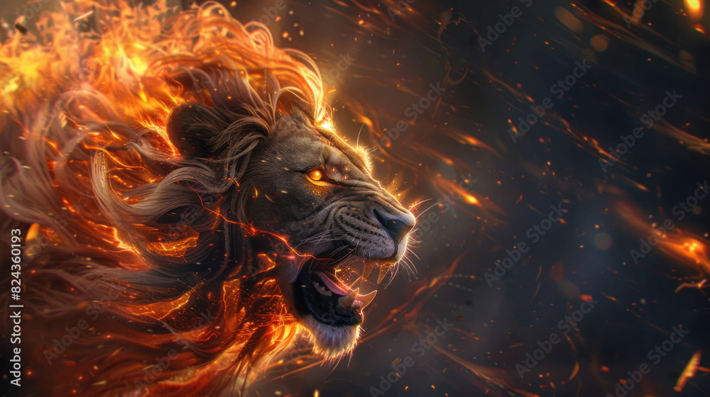 A powerful fantasy lion with flames radiating from its body and glowing ...