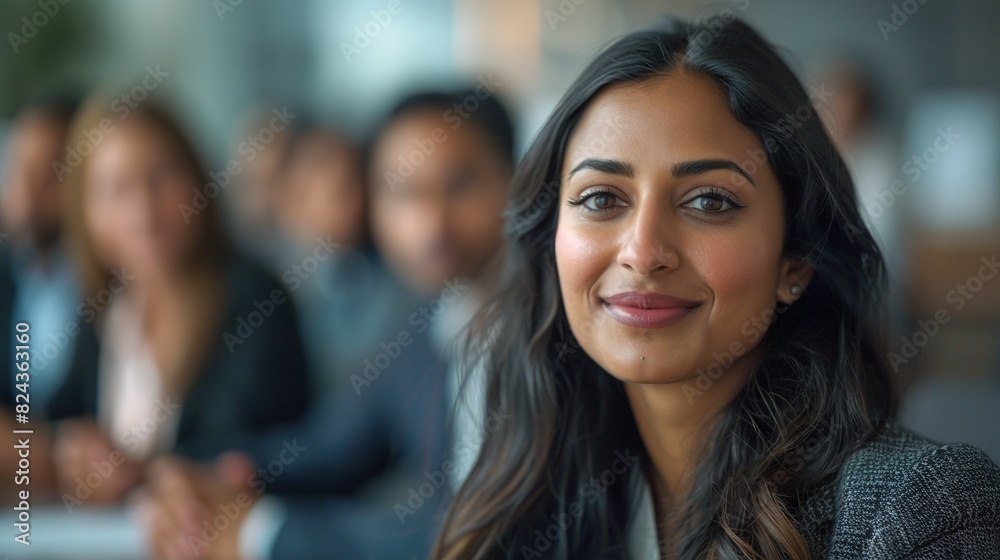 businesswoman, engaged in a collaborative discussion around a ...