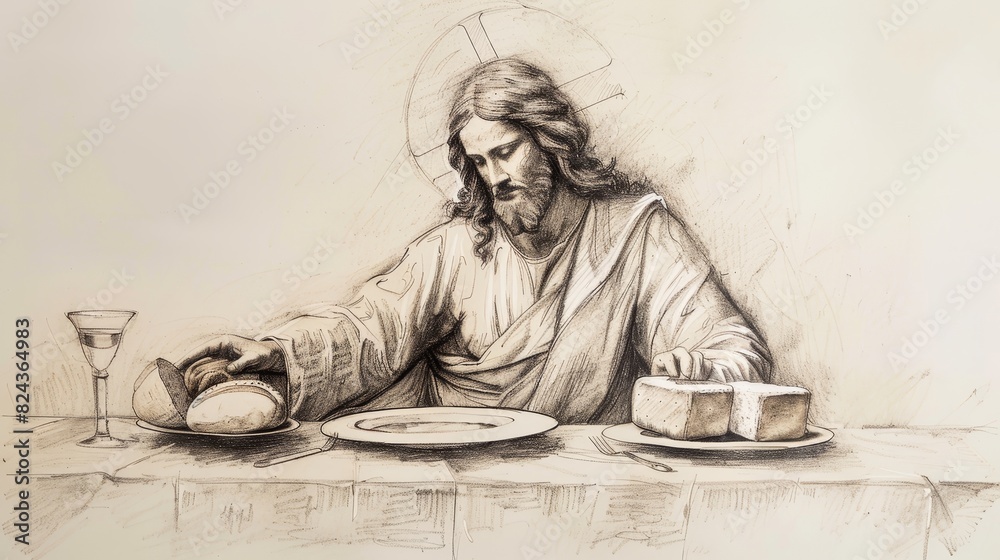 Biblical Illustration of Jesus Blessing the Bread and Wine at the Last ...
