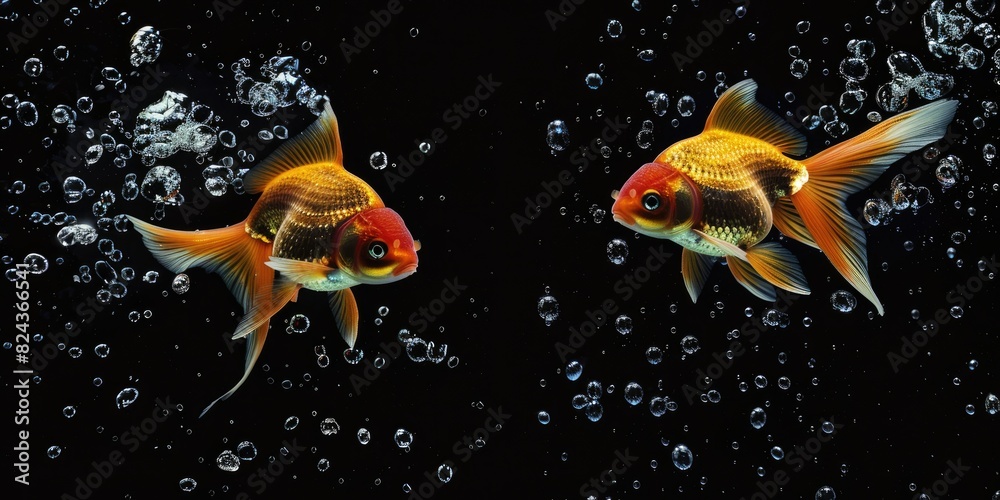 two goldfish jumping out of the water, isolated on black background ...