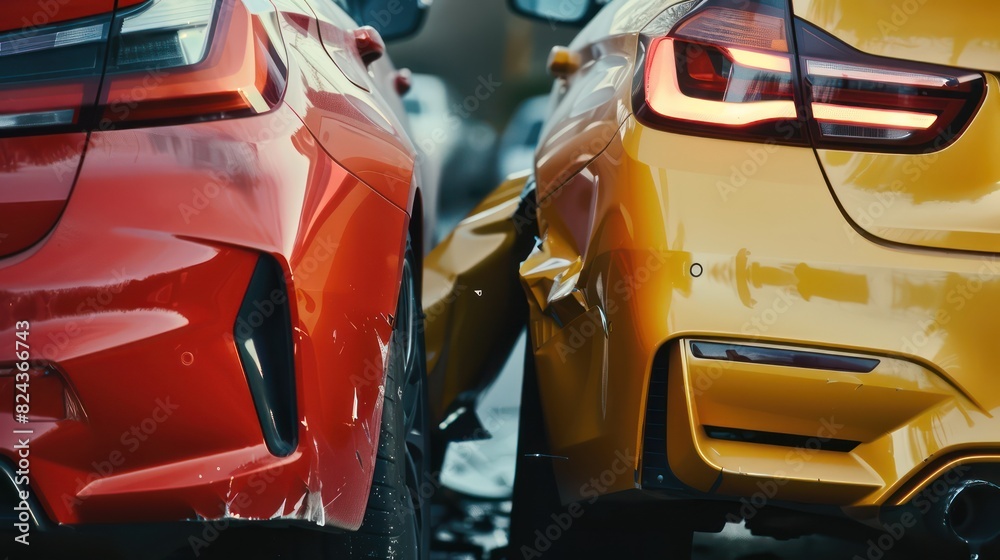 Depict a close-up of a rear-end collision between two cars, showing the ...