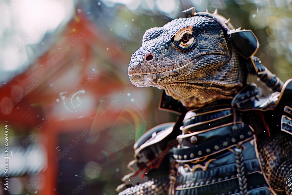 Amazing closeup charismatic of a monitor lizard wearing a samurai armor ...