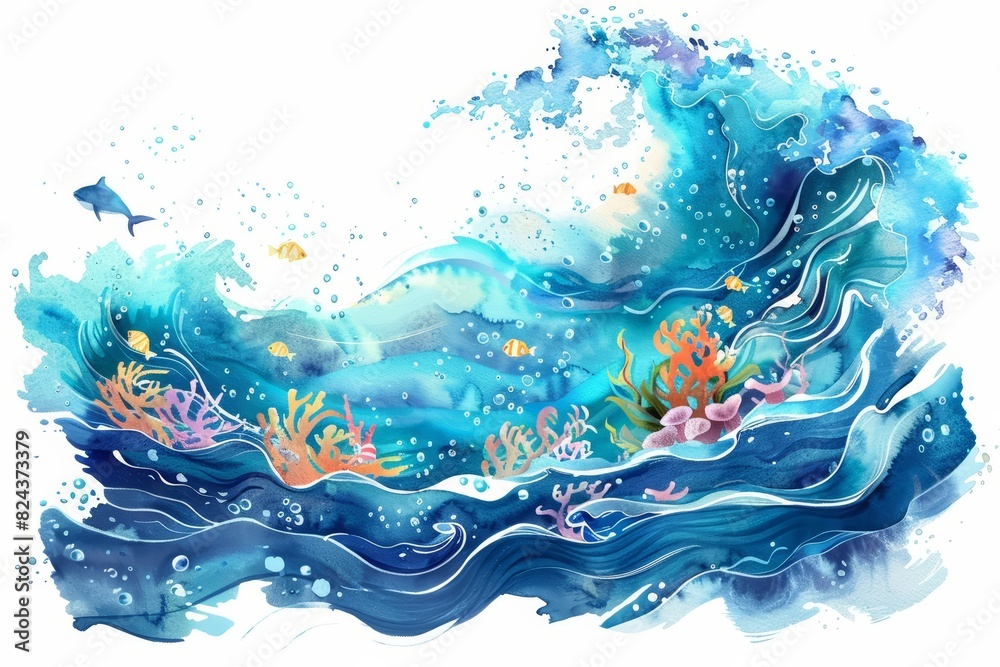 Set of watercolors of ocean currents, swirling vividly, in an ...