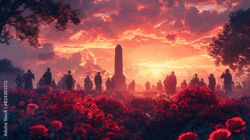 Animated vector illustration of a Memorial Day ceremony at a war ...