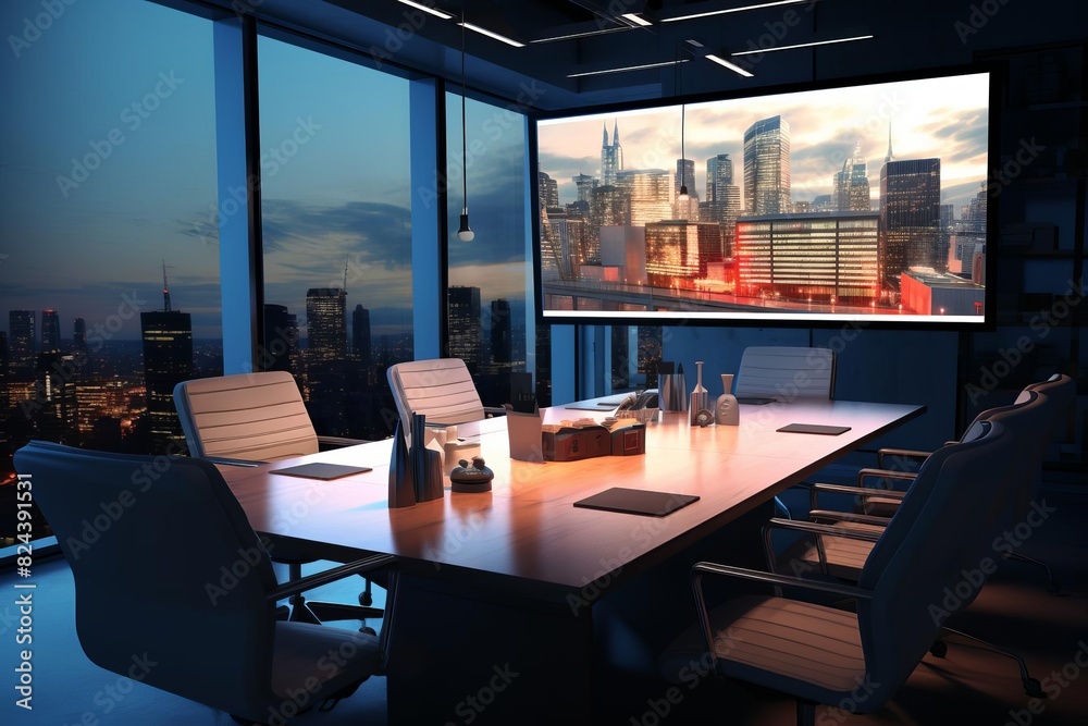 Modern conference room with skyline view, illuminated at dusk ...