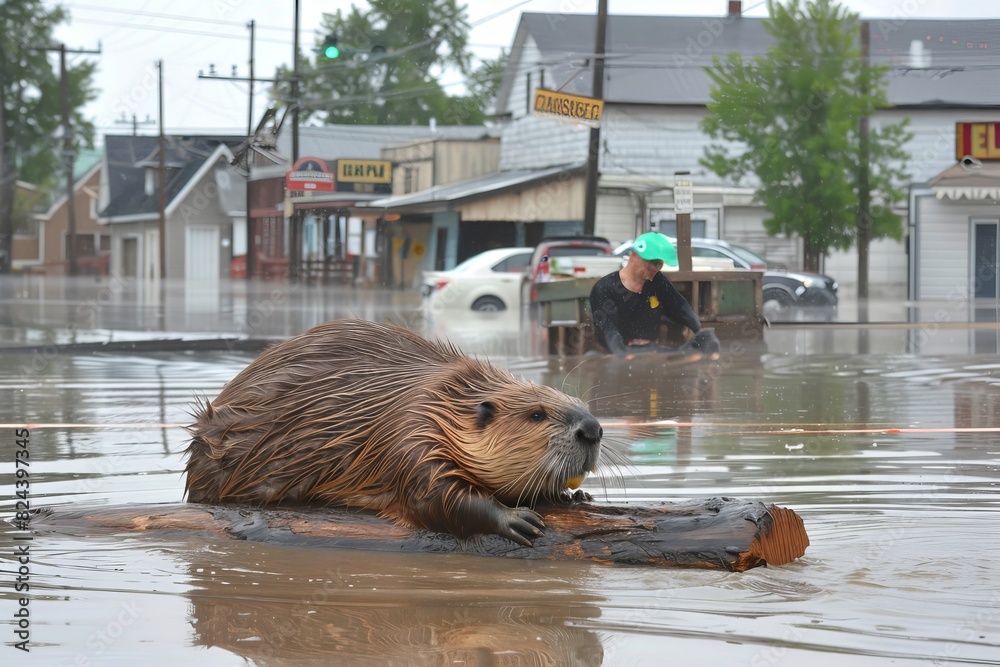 Overflowing River Due to a Beaver Dam, Leading to Flooding in a Small Town as the Community ...