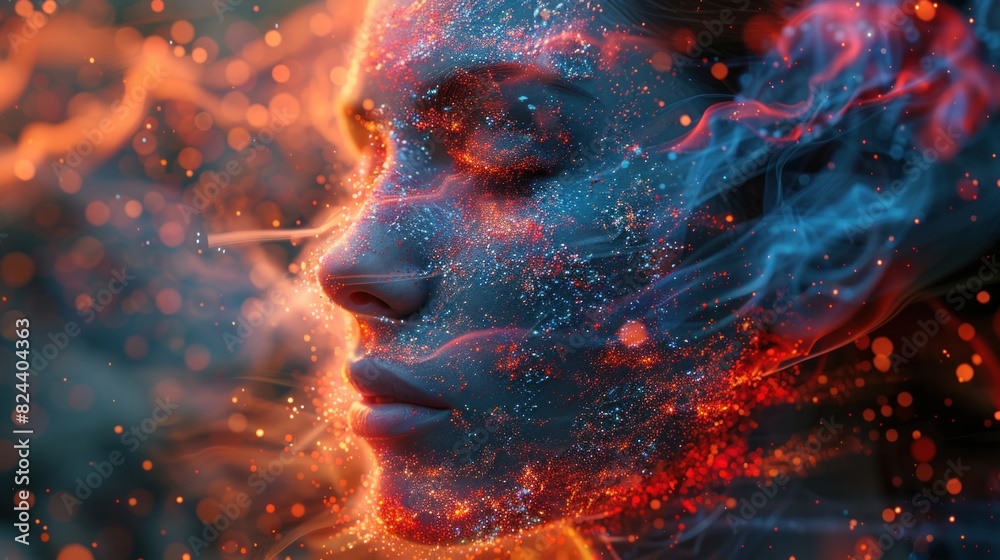Surreal face merging with holographic business designs and intricate ...