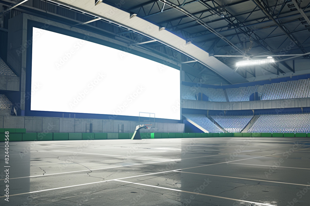 Realistic 3D render of a sports arena with a large blank billboard for ...