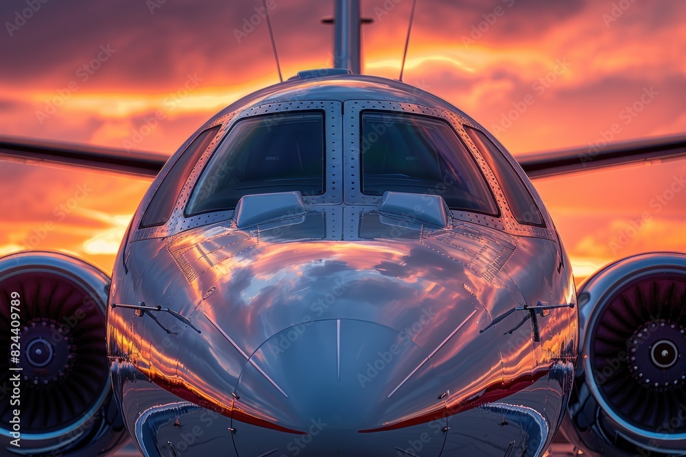 The front section of an airplane, with its cockpit windows reflecting ...