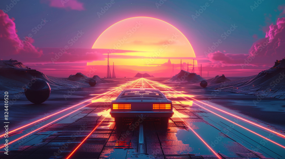 Futuristic Synthwave Desert Highway Scene with Neon Outlines and ...