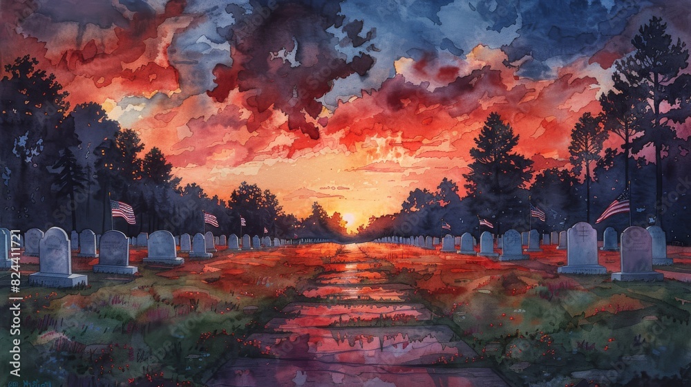 Memorial Day cartoon watercolor showing a peaceful cemetery with rows ... Memorial Day cartoon watercolor showing a peaceful cemetery with rows ...