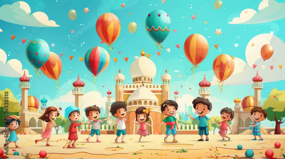 Vibrant cartoon vector of children playing with balloons and toys ...