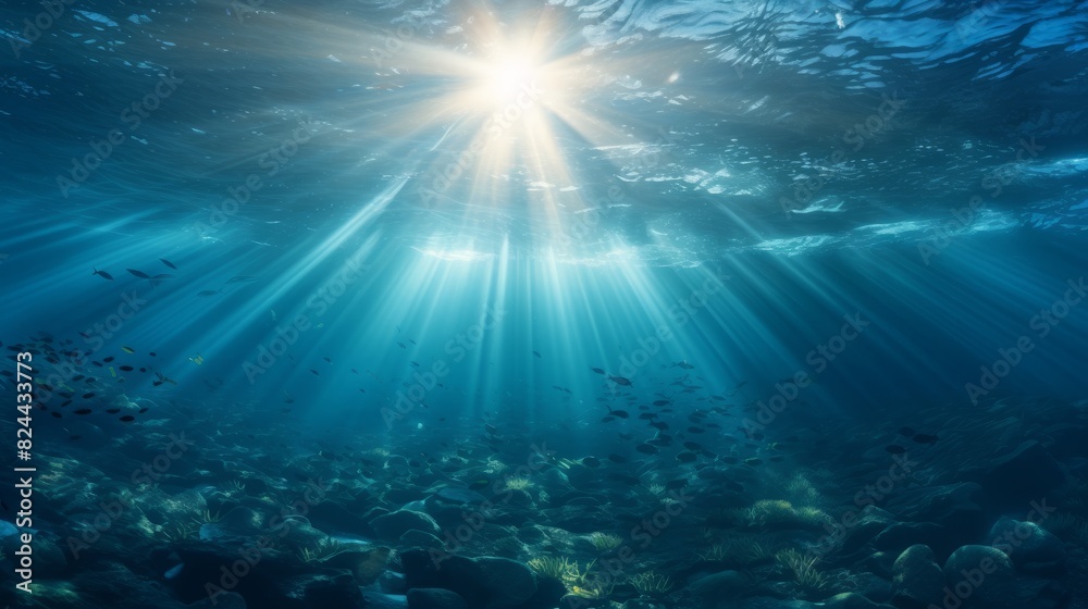 Calm underwater scene with sun rays reaching the seabed. Peaceful ocean ...
