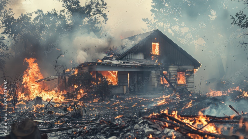 Depict a house engulfed in flames from a wildfire, showing the ...