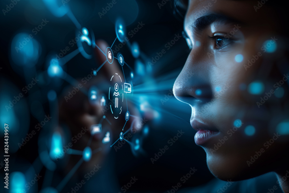 In a collage-style composition, a person is depicted up close making ...